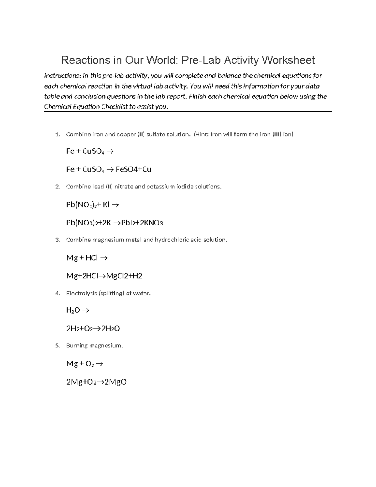 Reactions in Our World Pre-Lab Activity Worksheet - Reactions in Our ...