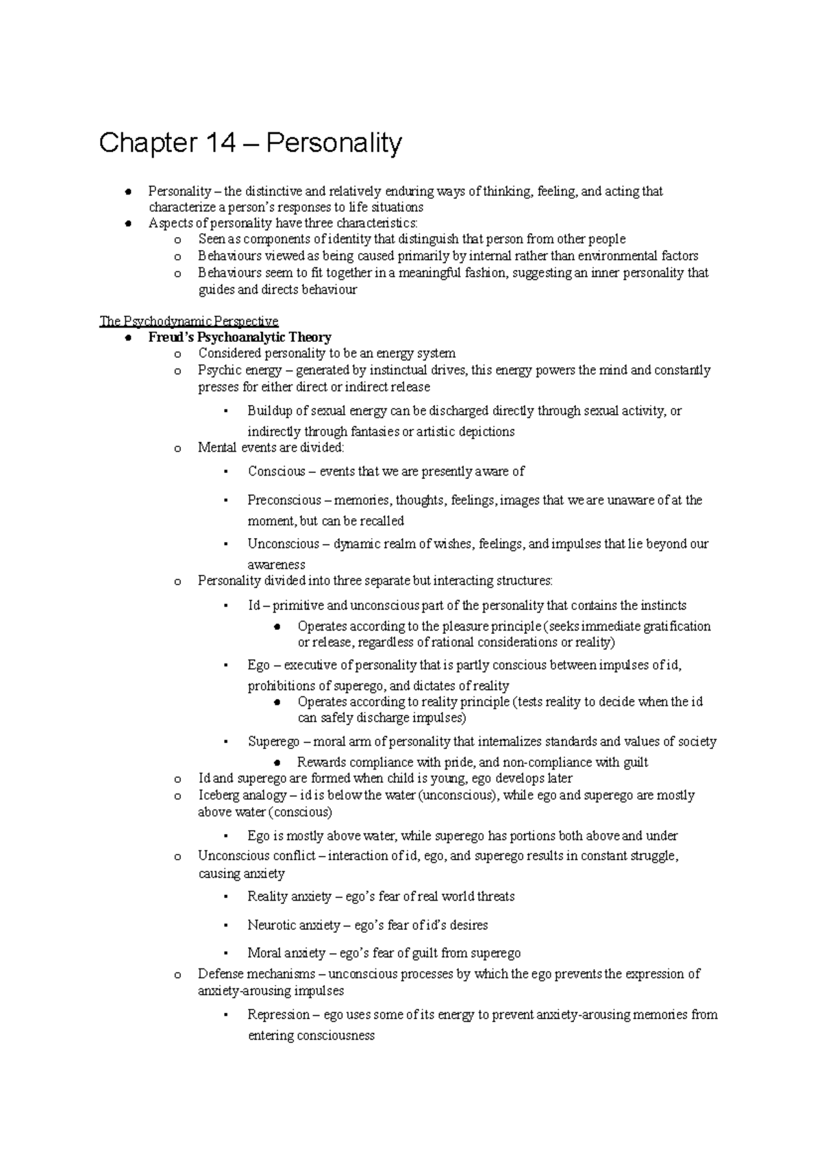 Psychology Final Exam guide - Chapter 14 – Personality Personality ...
