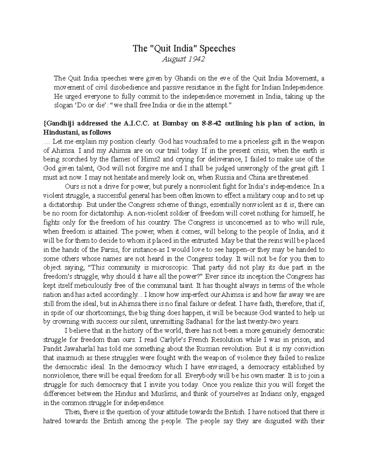 Gandhi speech - The "Quit India" Speeches August 1942 The Quit India ...
