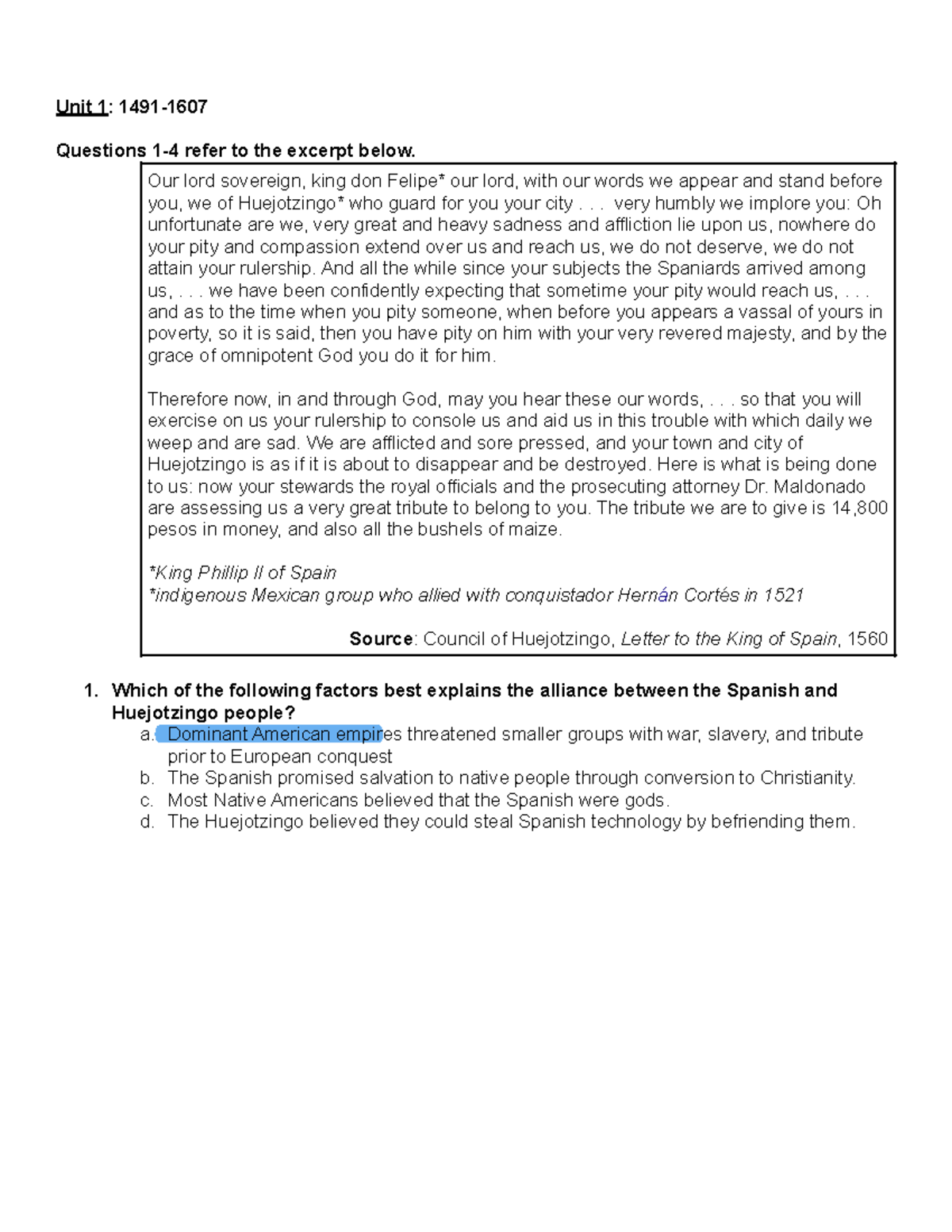 Apush Unit 1 SBQ Answers - Unit 1: 1491- Questions 1-4 refer to the ...