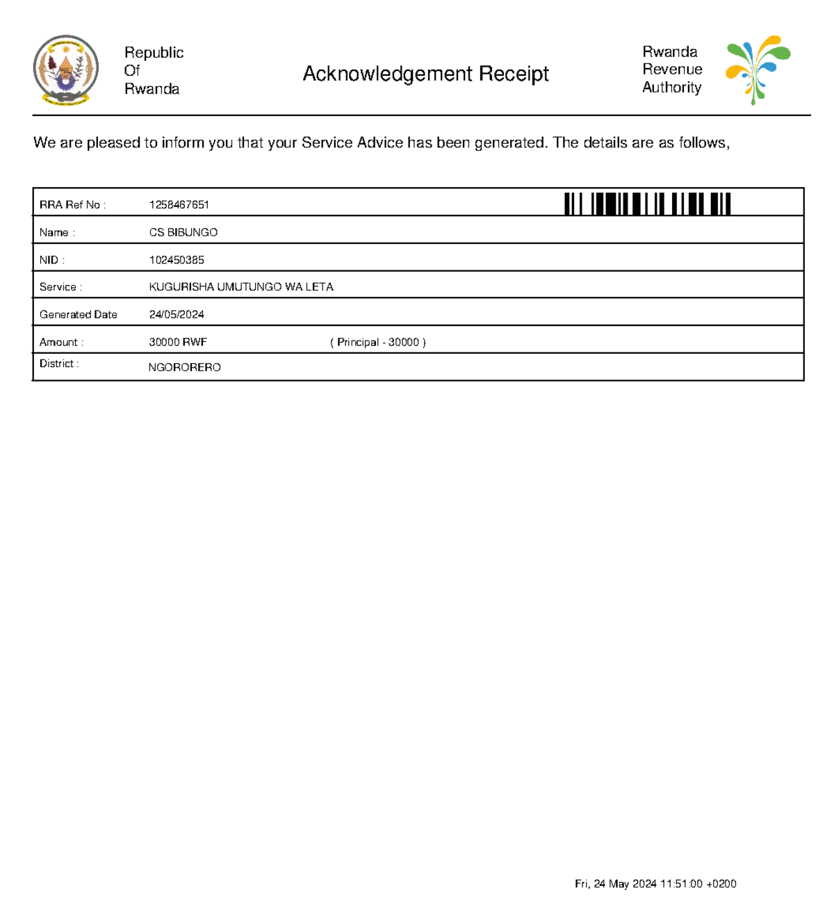 Service Acknowledgement 56249797 - E-Business - Rwanda Revenue ...