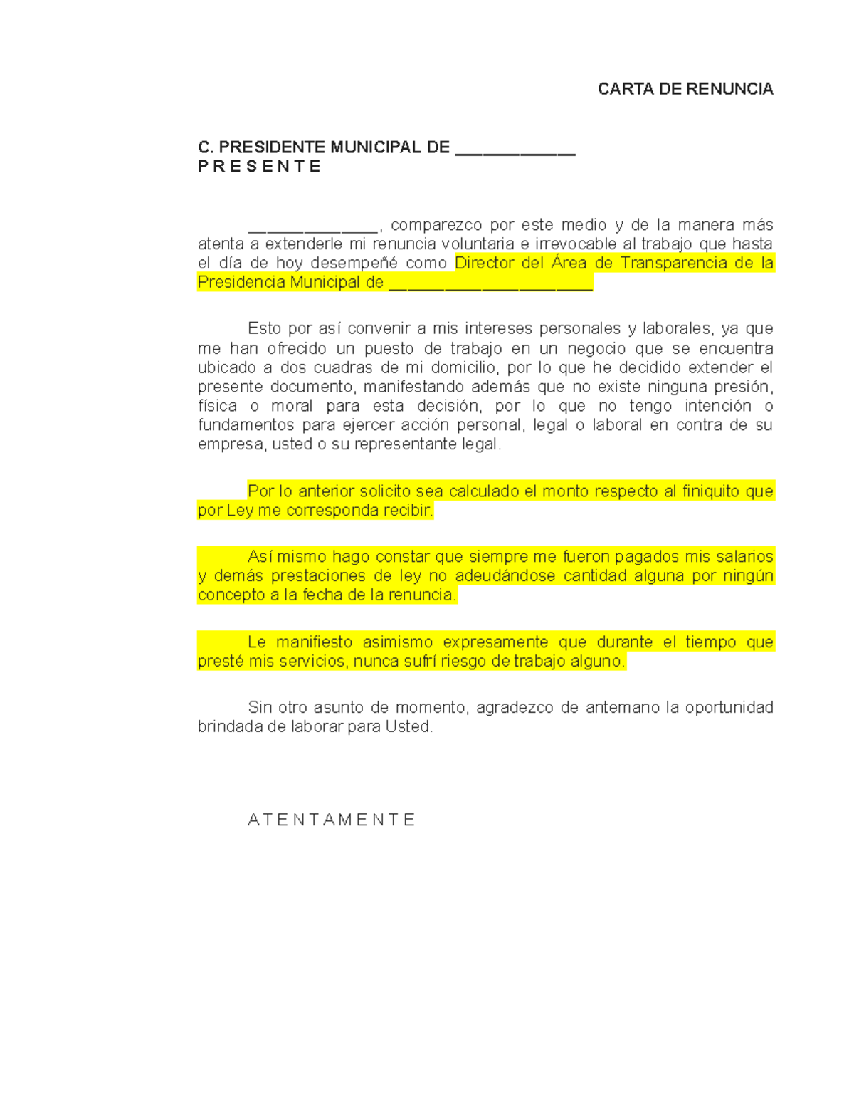 Carta DE Renuncia - PLATILLA DEMANDA - CARTA DE RENUNCIA C. PRESIDENTE ...