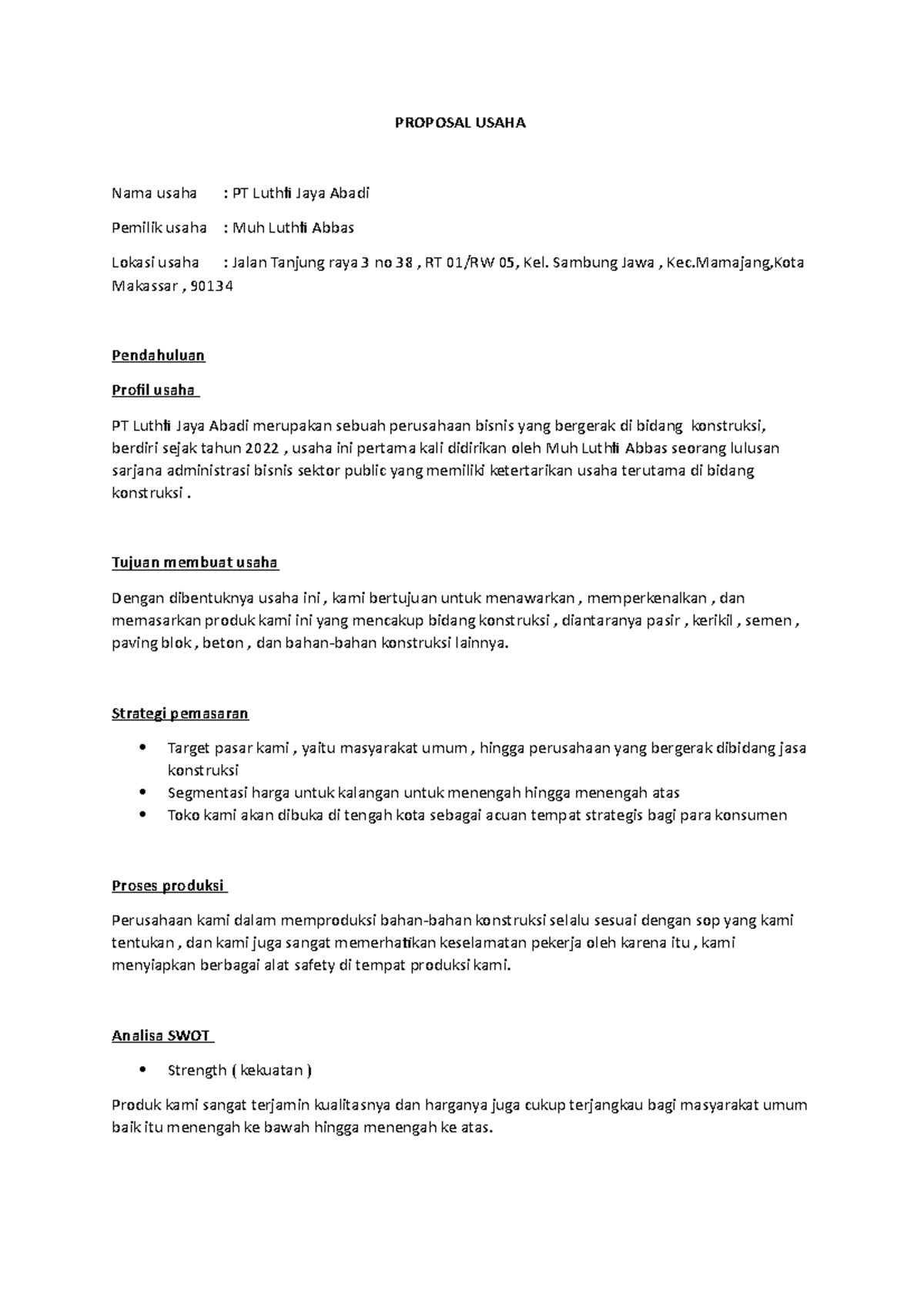 Proposal Usaha MUH Luthfi Abbas - PROPOSAL USAHA Nama usaha : PT Luthfi ...