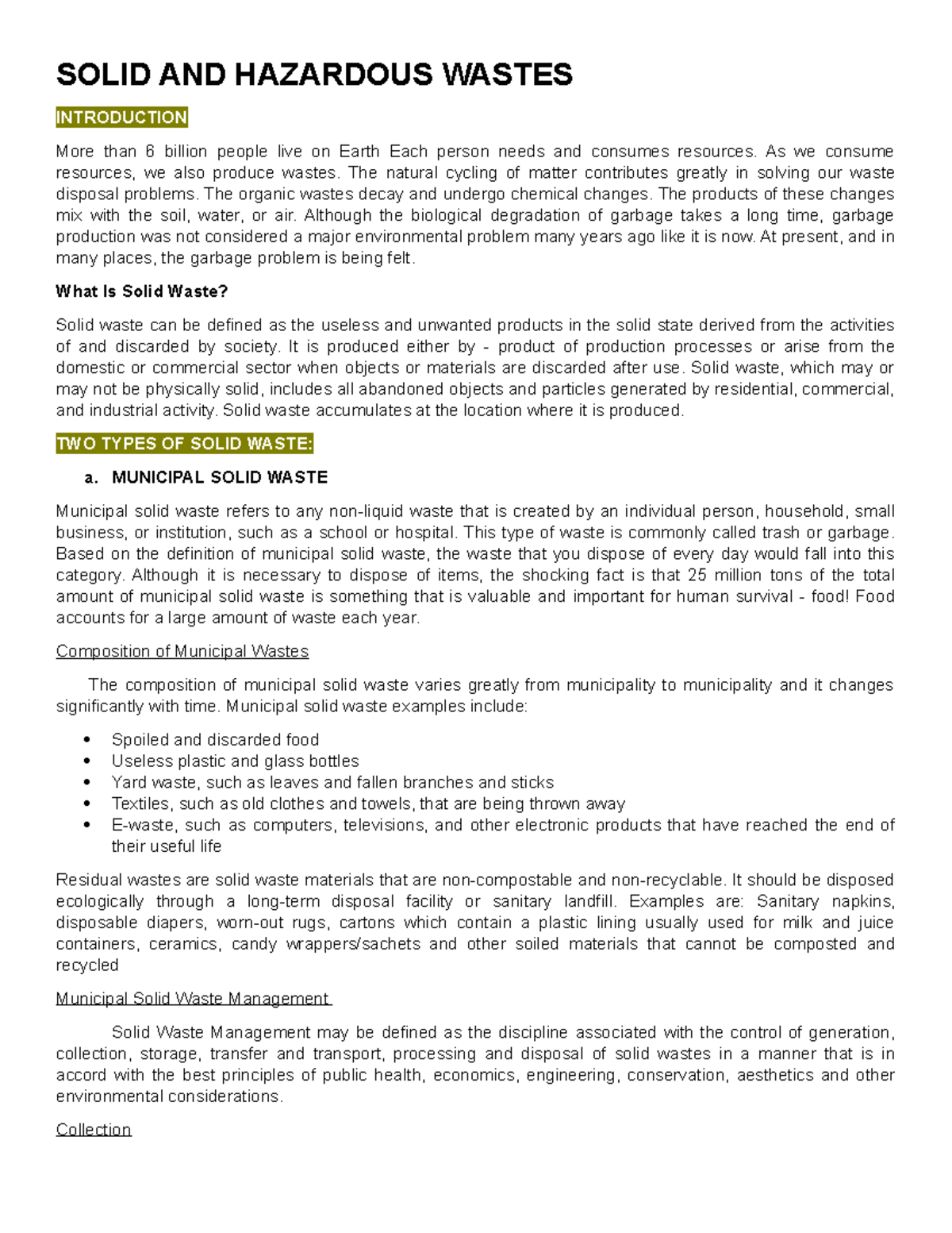 Solid and Hazardous Wastes - SOLID AND HAZARDOUS WASTES INTRODUCTION ...