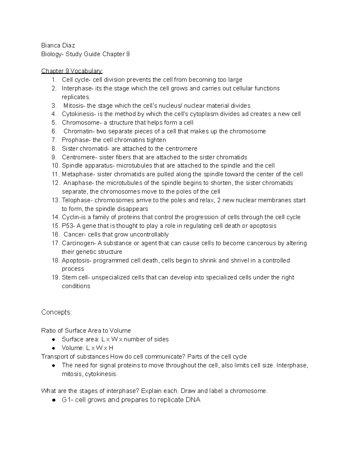 Copy chapter 9 study guide - Bianca Diaz Biology- Study Guide Chapter 9 ...