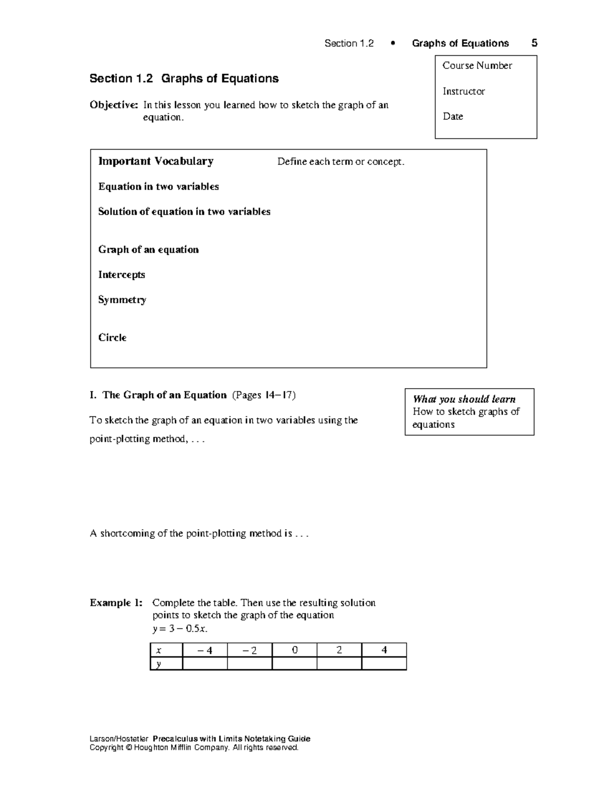 1.2 note guides - Section 1 • Graphs of Equations 5 Section 1 Graphs of ...