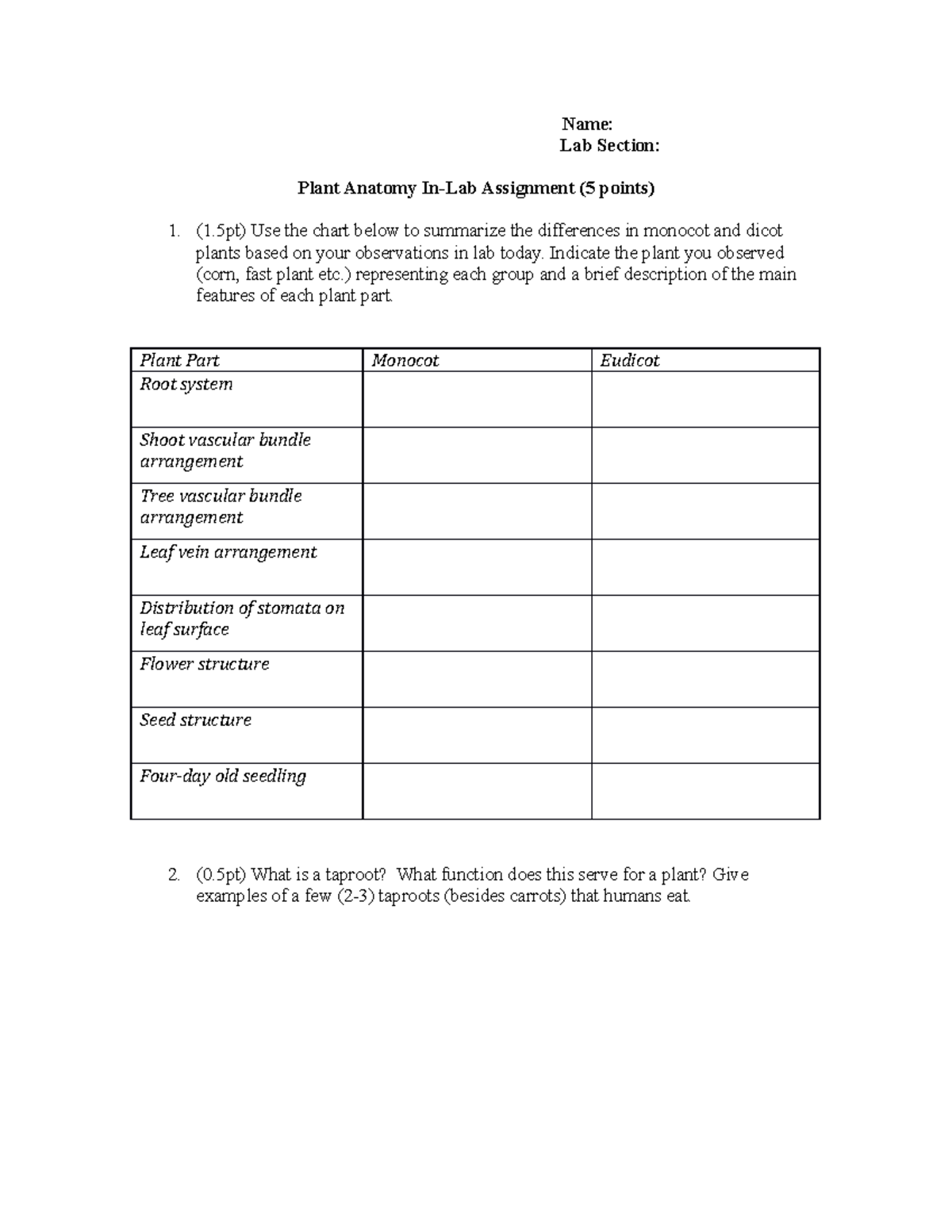 Plant Anatomy In-Class Assignment-S17 - Name: Lab Section: Plant ...