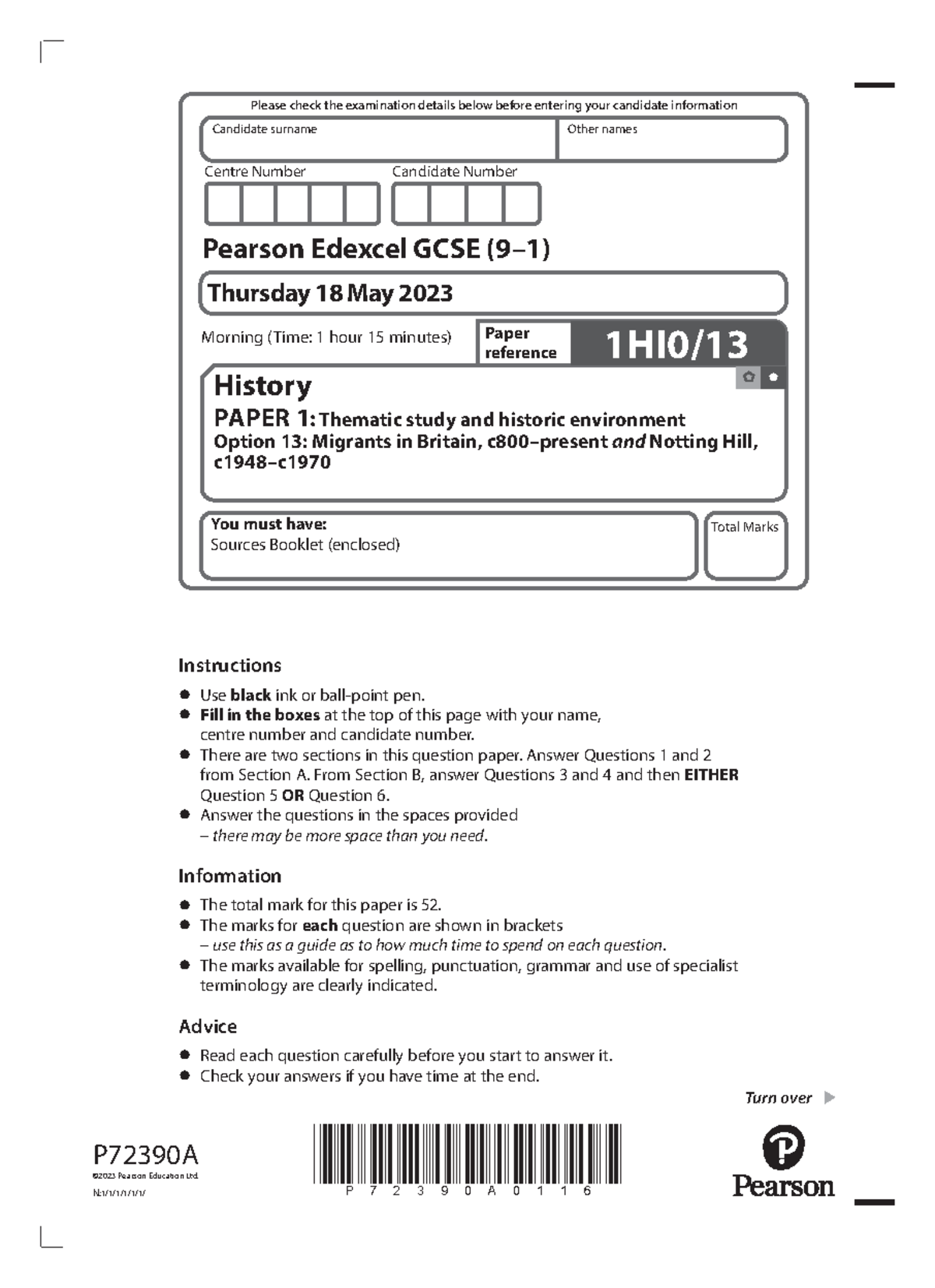 Edexcel History Paper 1 Migration 2023 - P72390A0116 Turn over P72390A ...