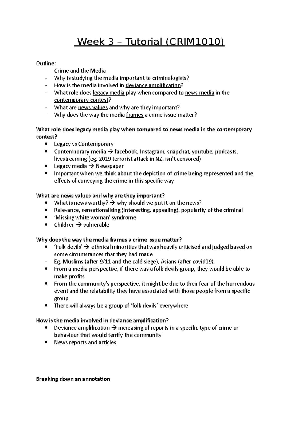 Week 3 Tutorial Notes Week 3 Tutorial Crim1010 Outline Crime And The Media Why Is