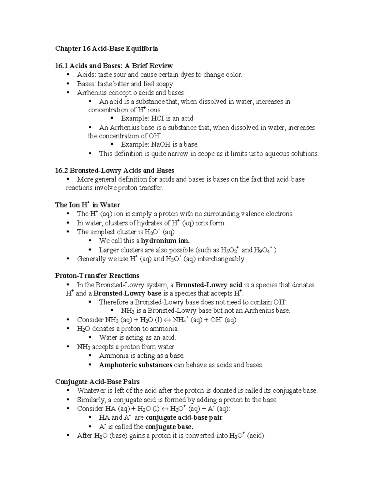 Acid Base Equilibrium Reviewer - Chapter 16 Acid-Base Equilibria 16 ...
