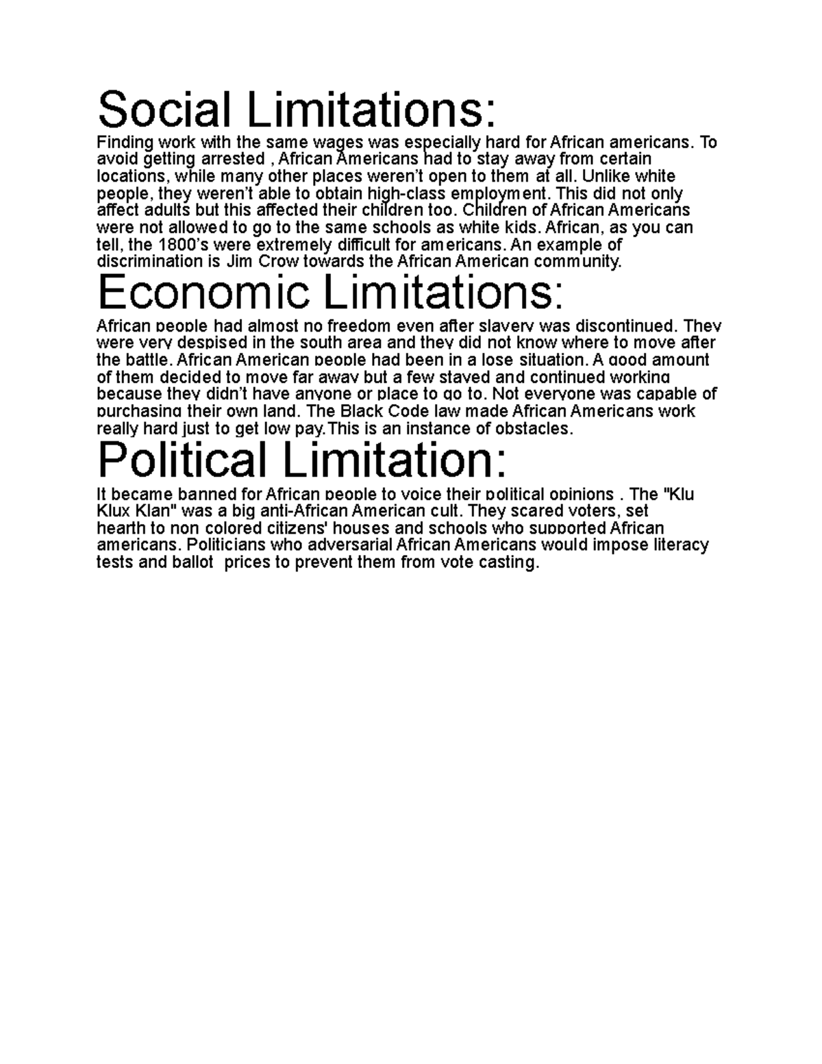 Written assignment US His - Social Limitations: Finding work with the ...