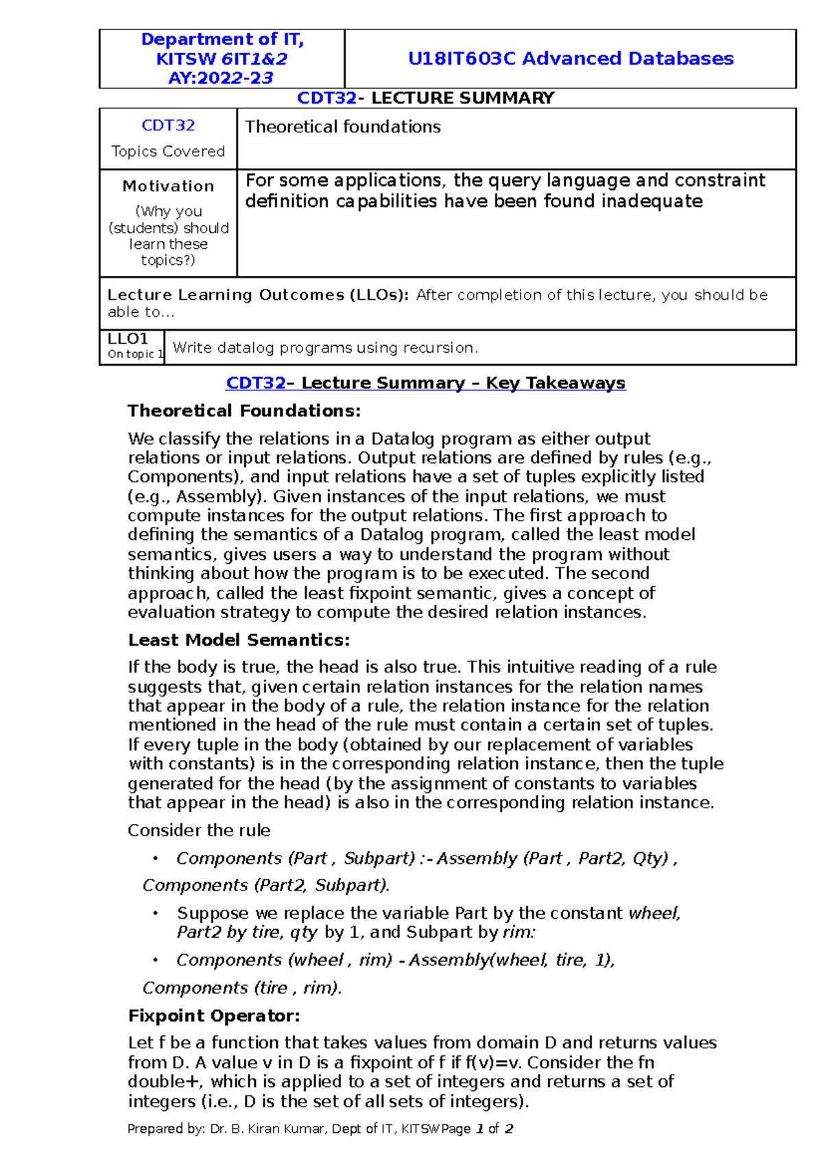 Advanced Database-10 - notes - Department of IT, KITSW 6 IT1& AY:202 2 ...