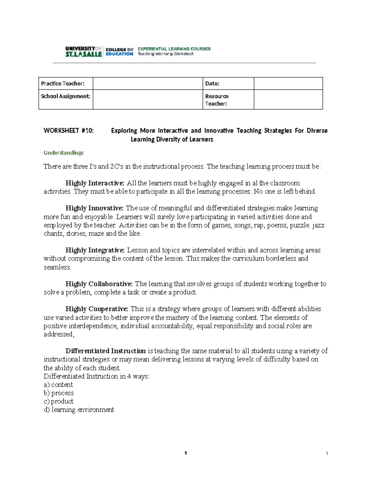 Teaching Internship Worksheet 10 - WORKSHEET #10: Exploring More ...