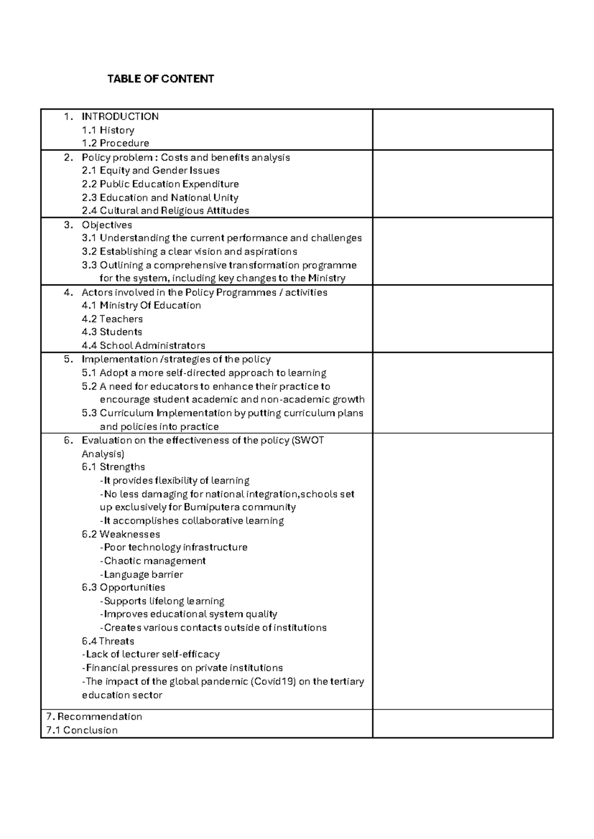 National Education Policy - TABLE OF CONTENT 1. INTRODUCTION 1 History 1 Procedure 2. Policy ...