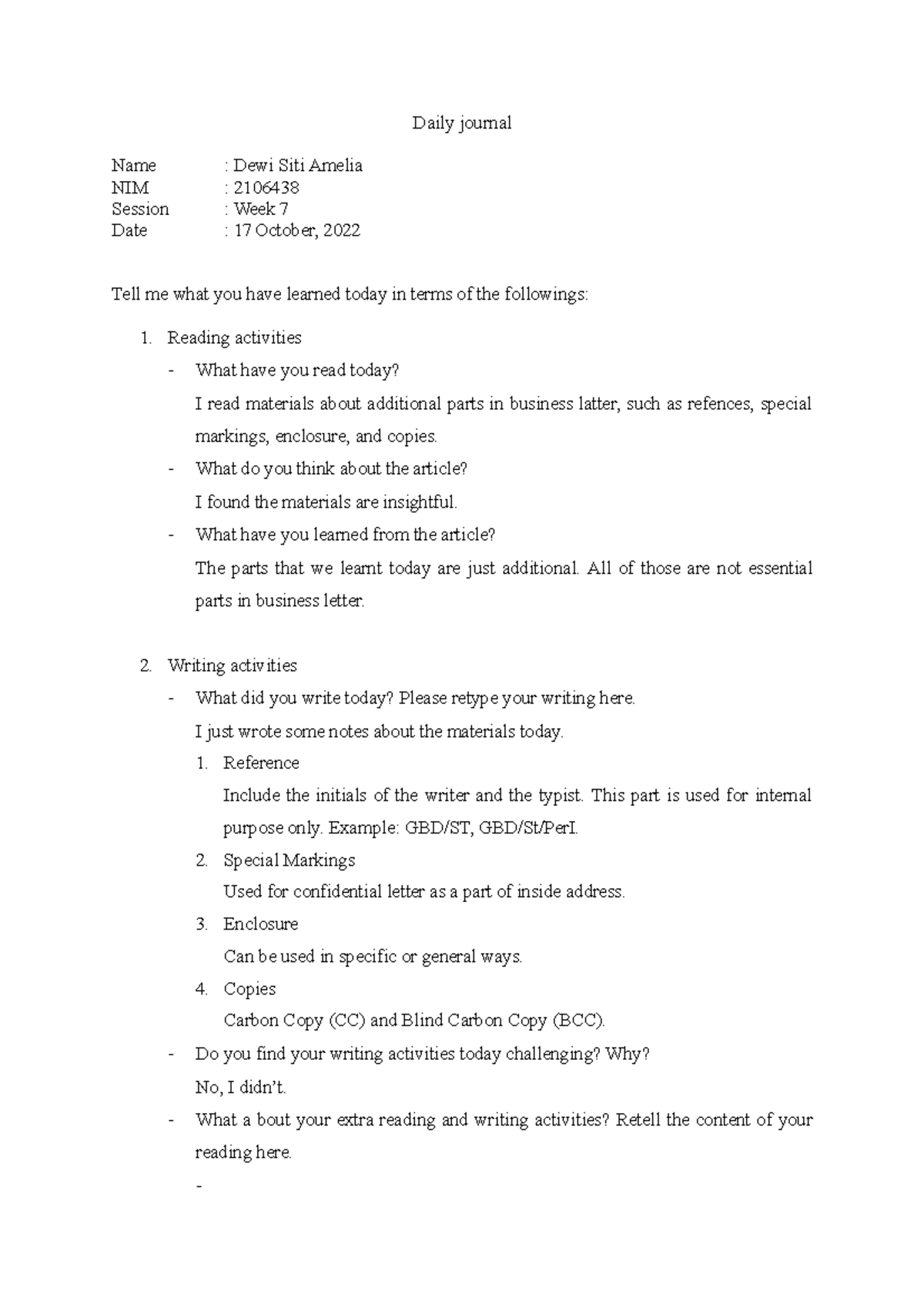 Daily journal at English Course to reflect student's understanding ...