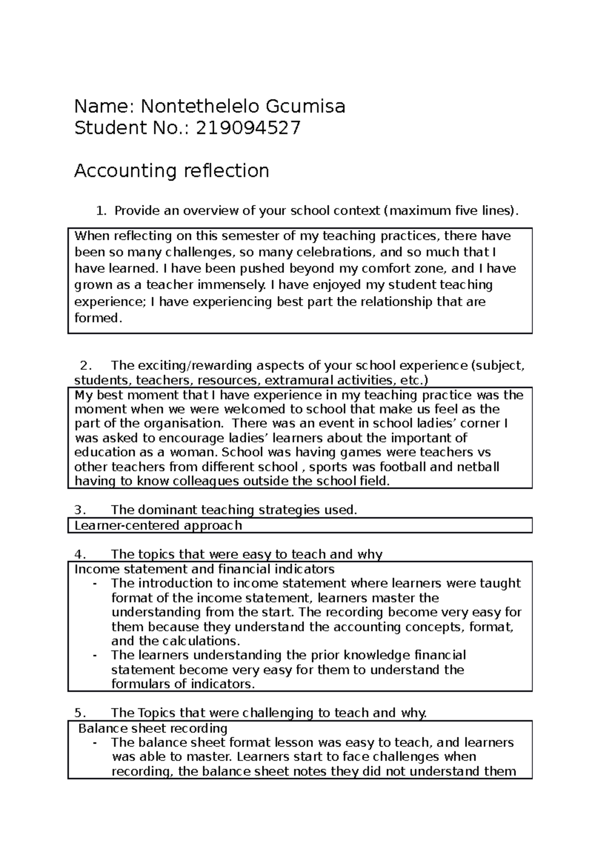 Accounting reflection - Name: Nontethelelo Gcumisa Student No ...