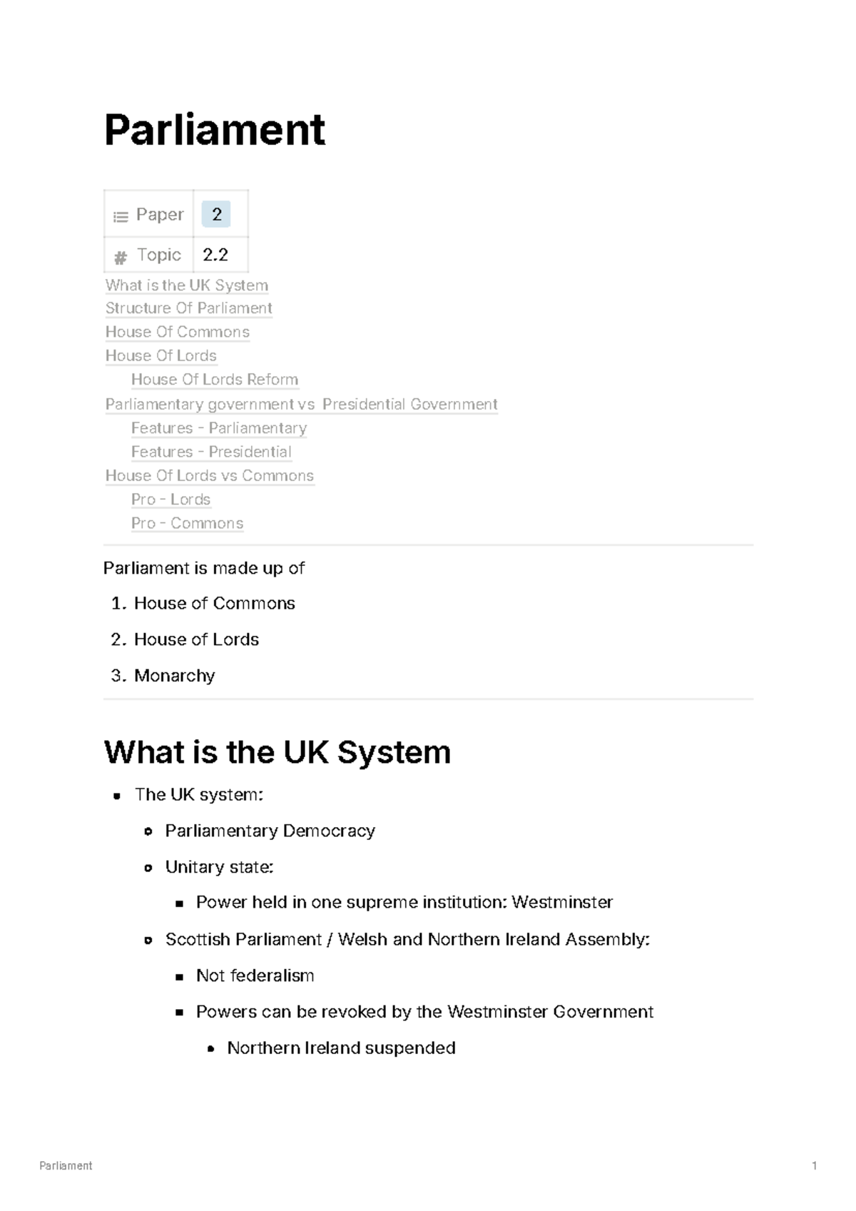 Parliament System - Parliament Paper 2 Topic 2. Parliament is made up ...
