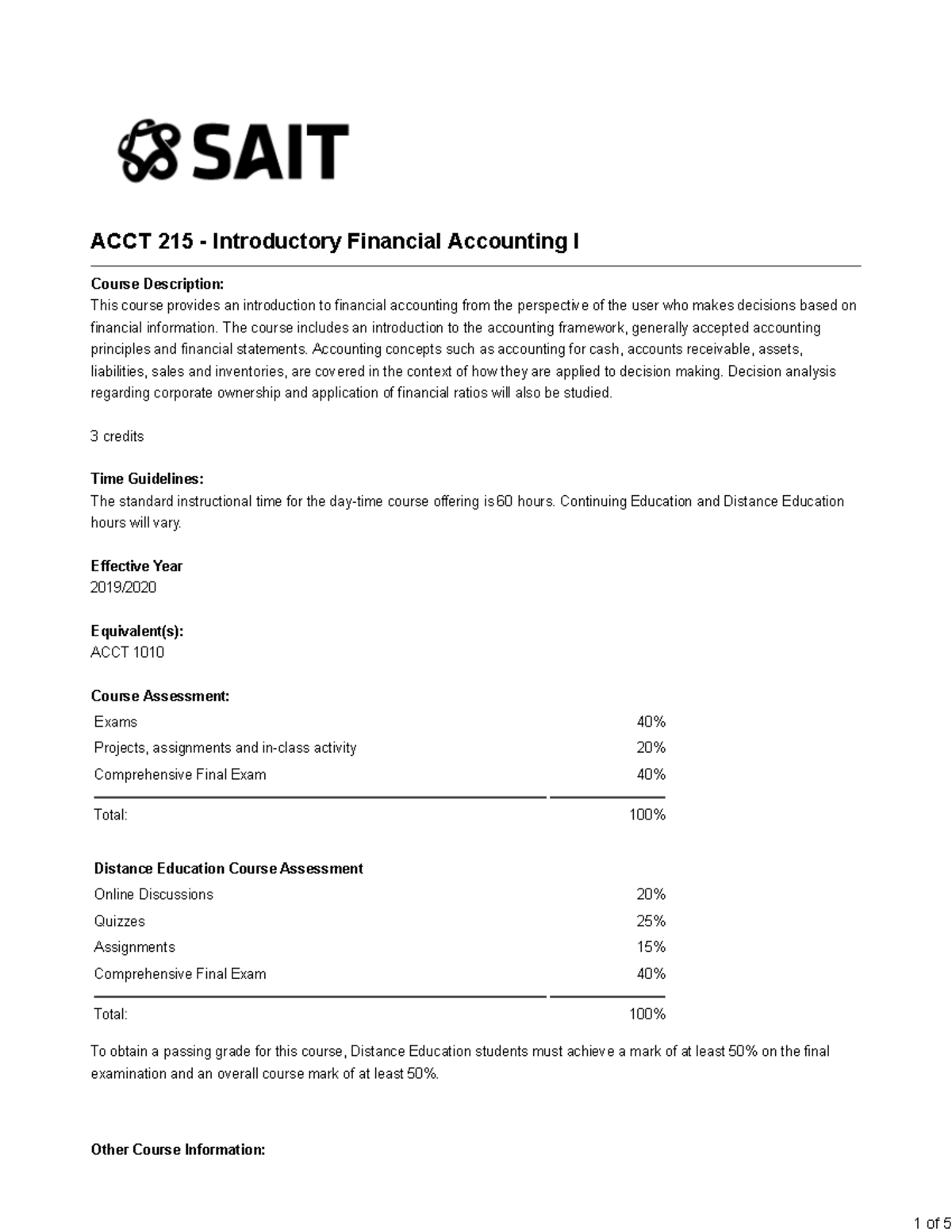 ACCT 215 2019 30 course outline - ACCT 215 - Introductory Financial ...