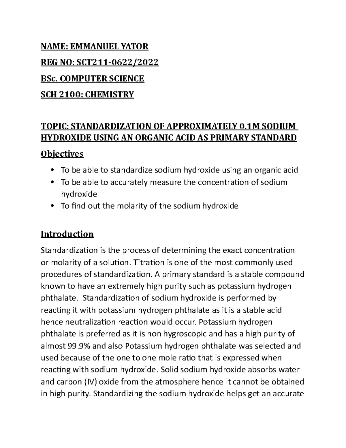 Chem report KHP - NAME: EMMANUEL YATOR REG NO: SCT211-0622/ BSc ...