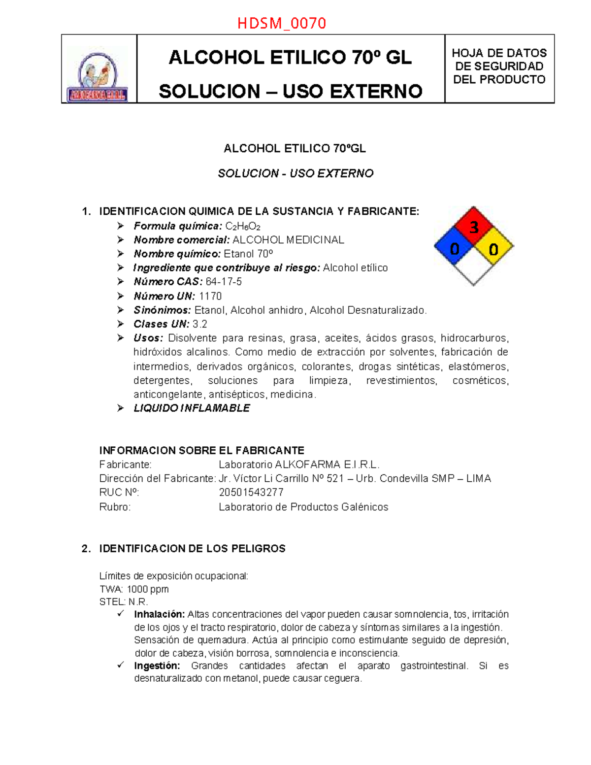 MSDS Alcohol 70° Medicinal - ALCOHOL ETILICO 70º GL SOLUCION – USO ...
