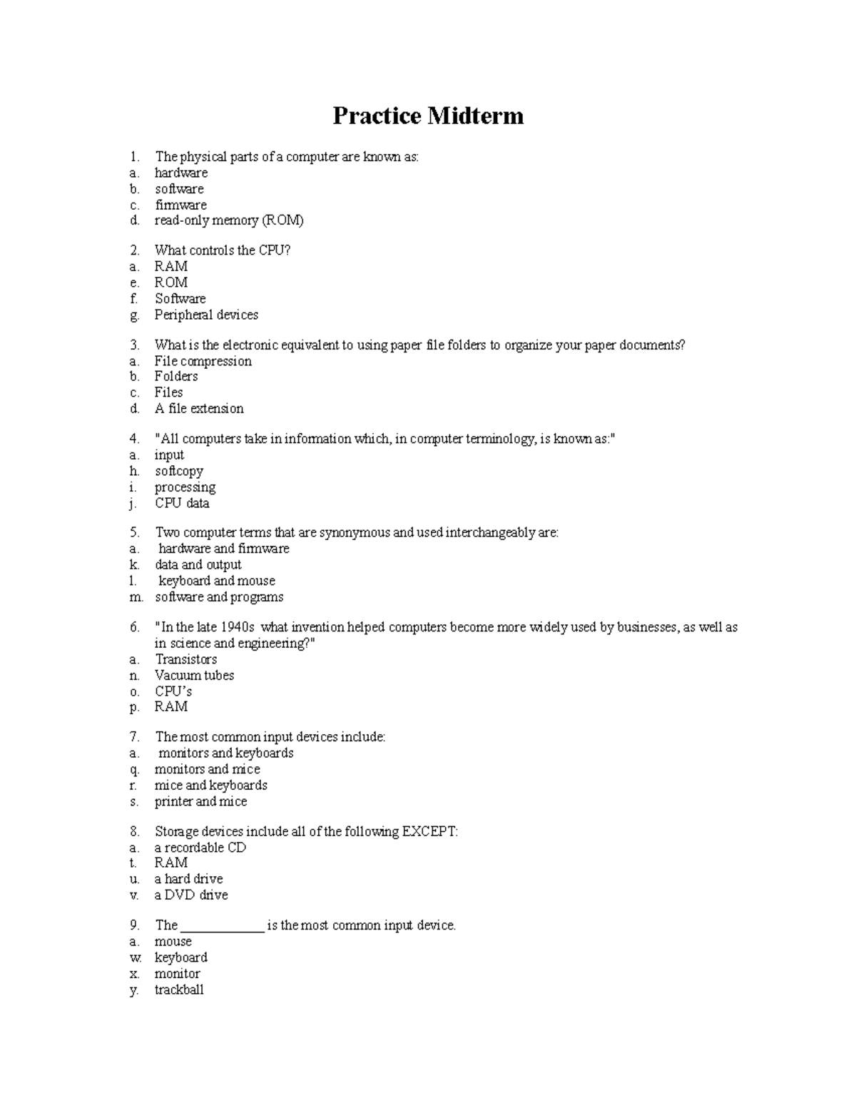 Practice Midterm - Practice Midterm The physical parts of a computer ...