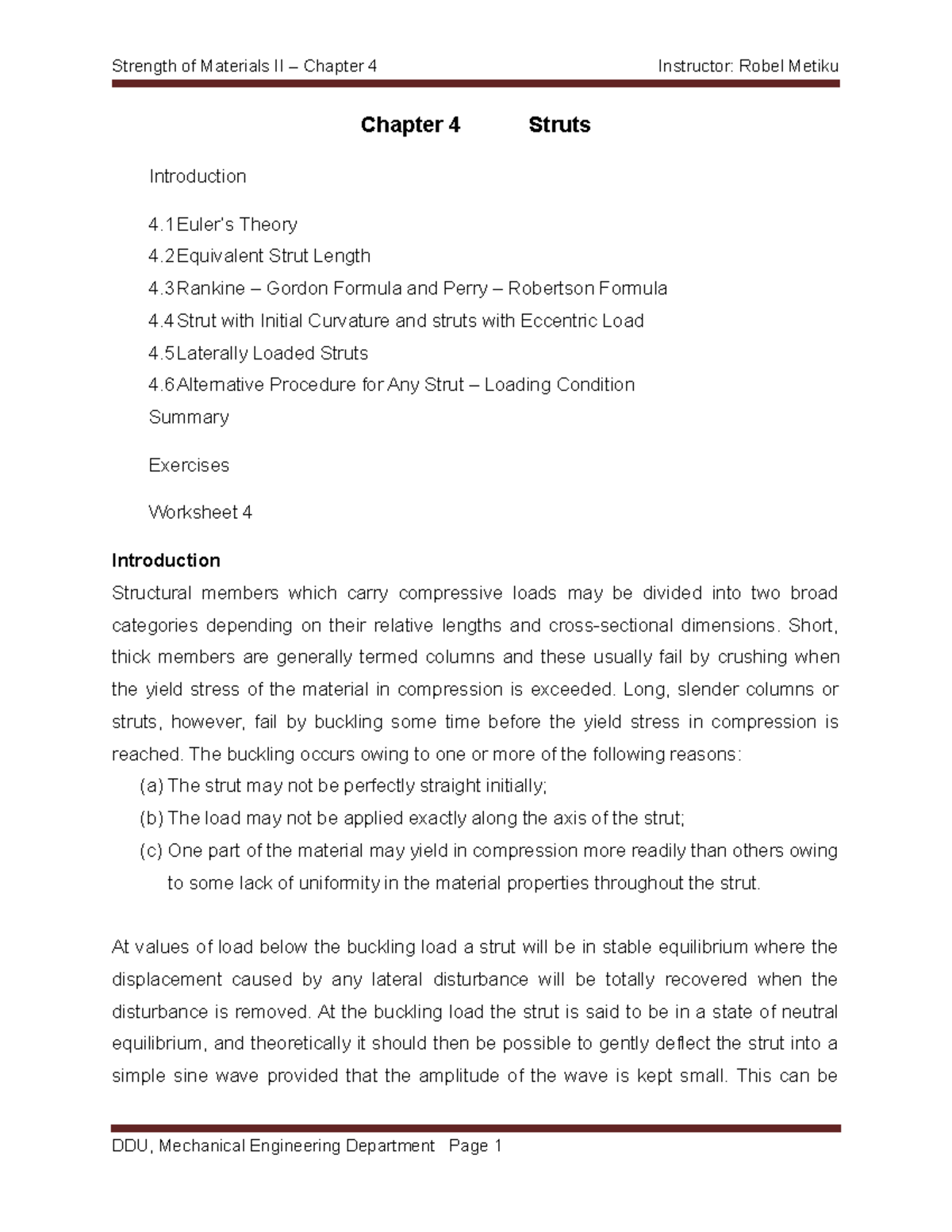 Chapter 4 - strain energy - Chapter 4 Struts Introduction 4’s Theory 4 ...