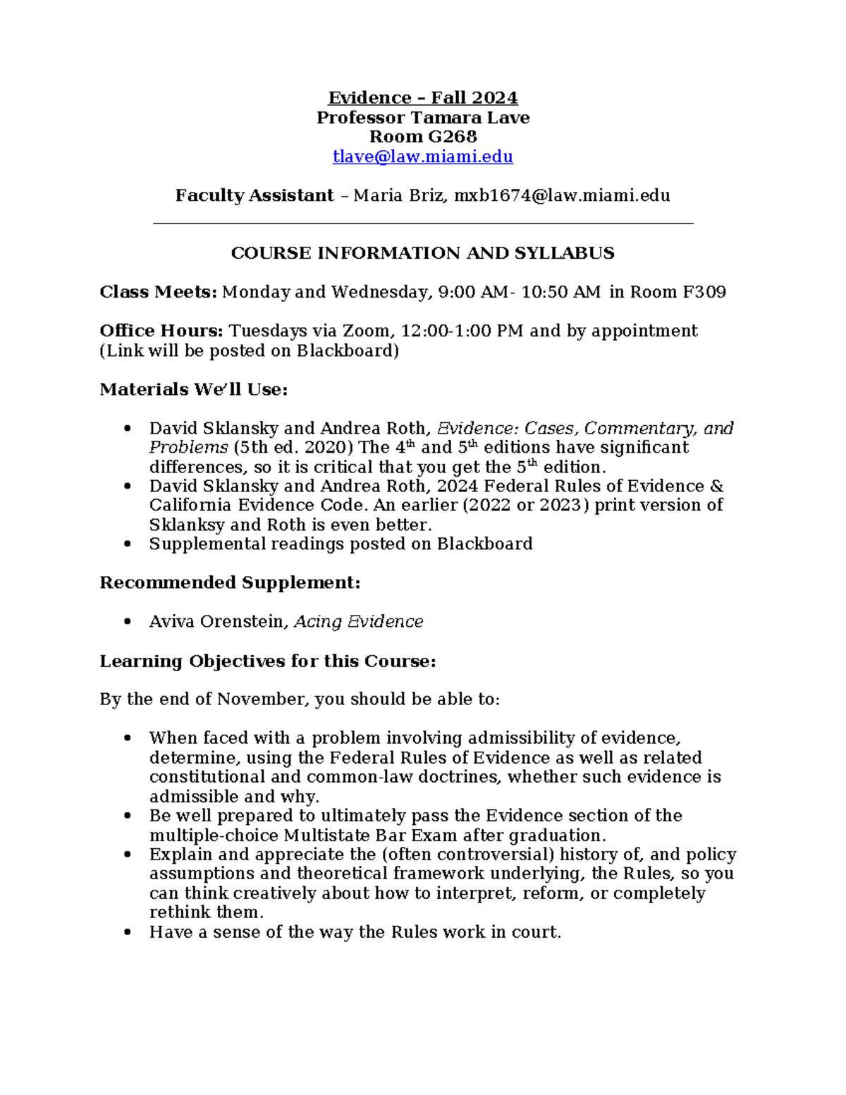 Fall Evidence 2024 Syllabus (revised) (9 AM class with panels ...