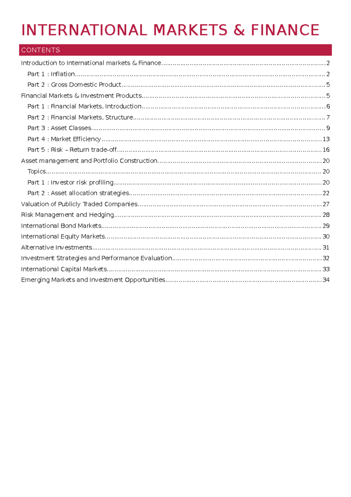 Samenvatting examens - summary 4 classes - INTERNATIONAL MARKETS & FINANCE Introduction to - Studocu