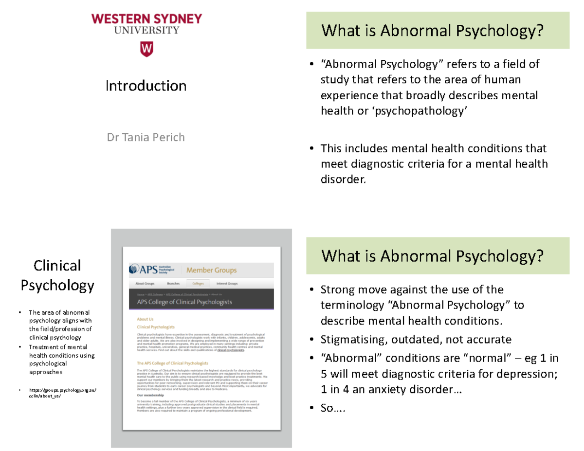 Abnormal Psychology All Slides - Introduction Dr Tania Perich What is ...
