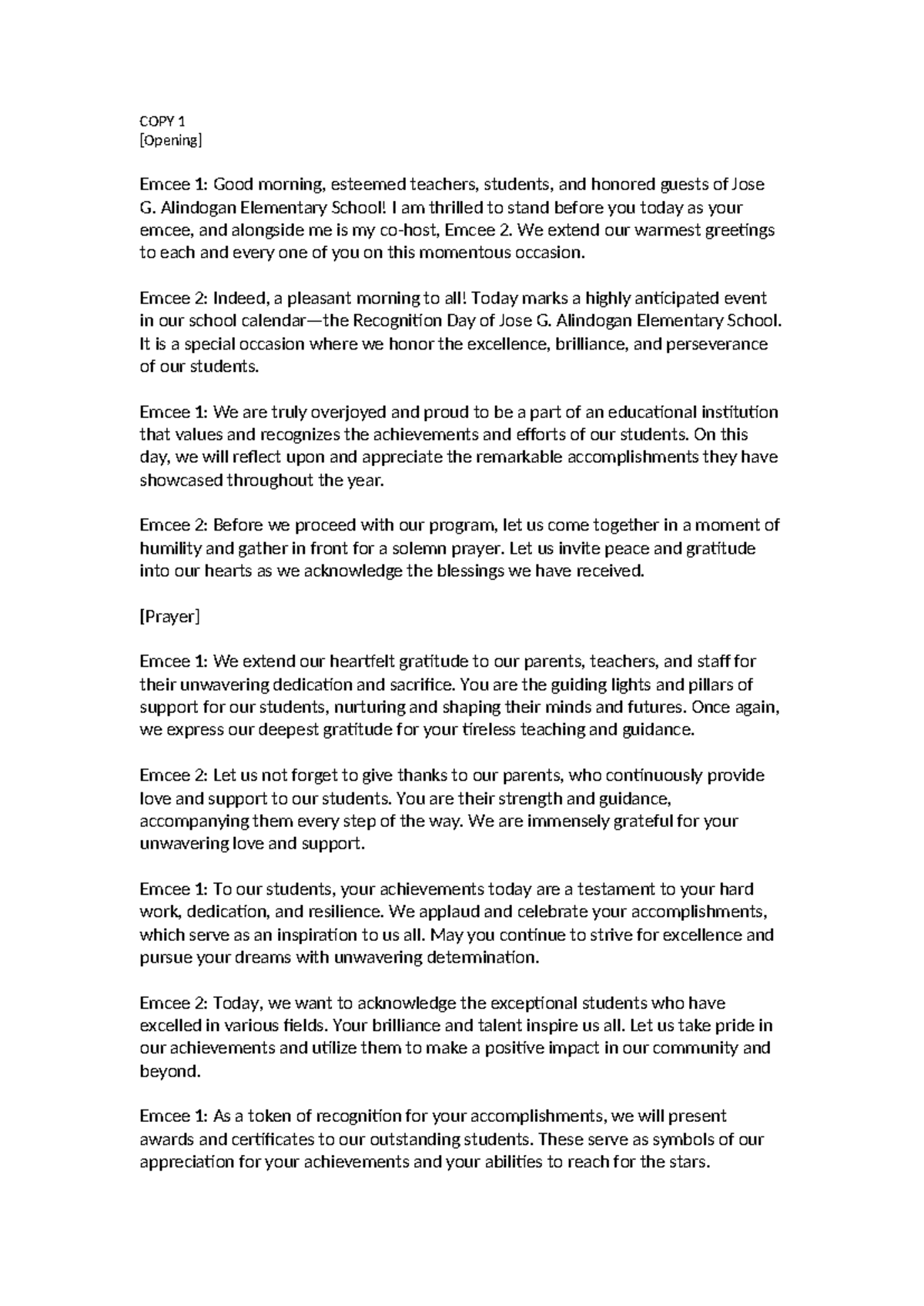 Emcee English - script - COPY 1 [Opening] Emcee 1: Good morning ...