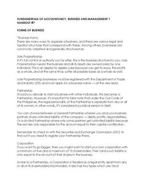 FABM1 Handout 3 - Notes - FUNDAMENTALS OF ACCOUNTANCY, BUSINESS AND ...