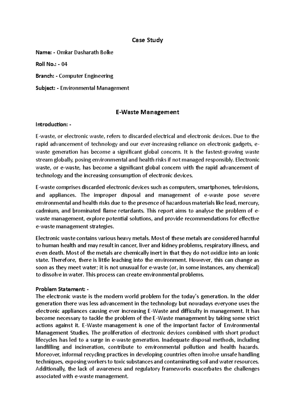 EM Case Study E-waste - Case Study Name: - Omkar Dasharath Bolke Roll ...