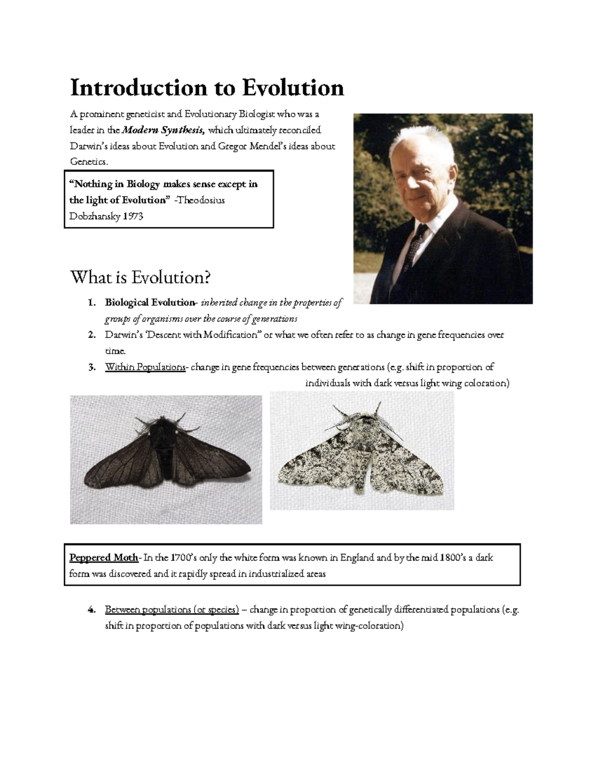 Introduction to Evolution - “Nothing in Biology makes sense except in ...