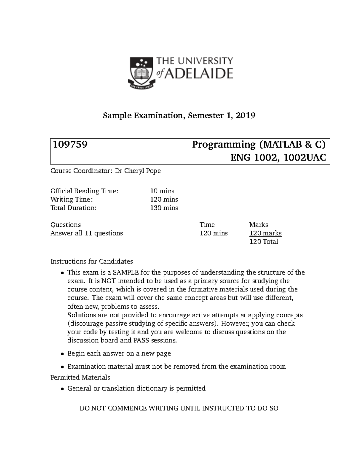Sample Exam 2 - 2019 Matlab and C programming exam, provided for ...