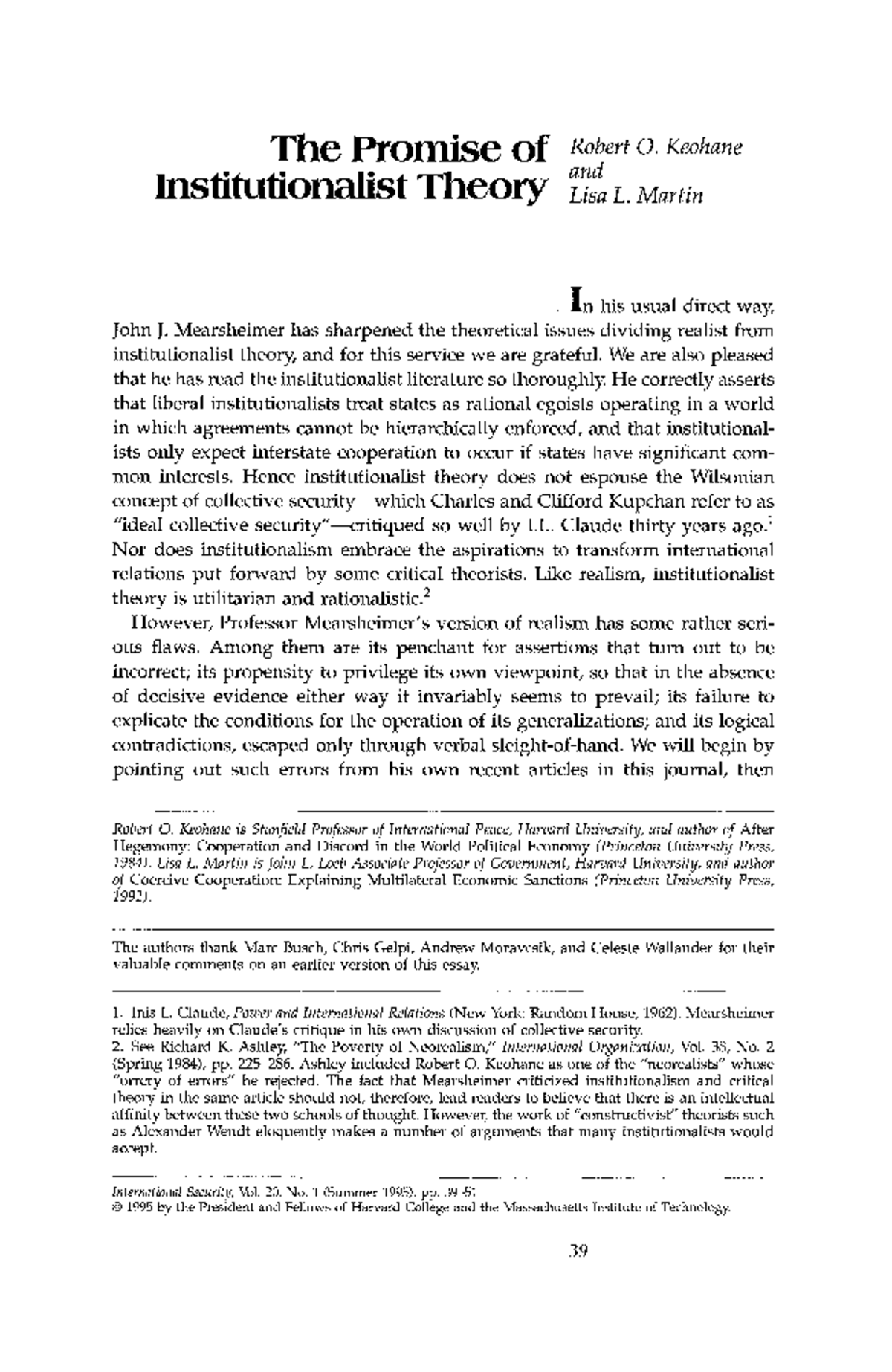 Promise of institutionalist theory - The Promise of Robert 0. Keohane ...