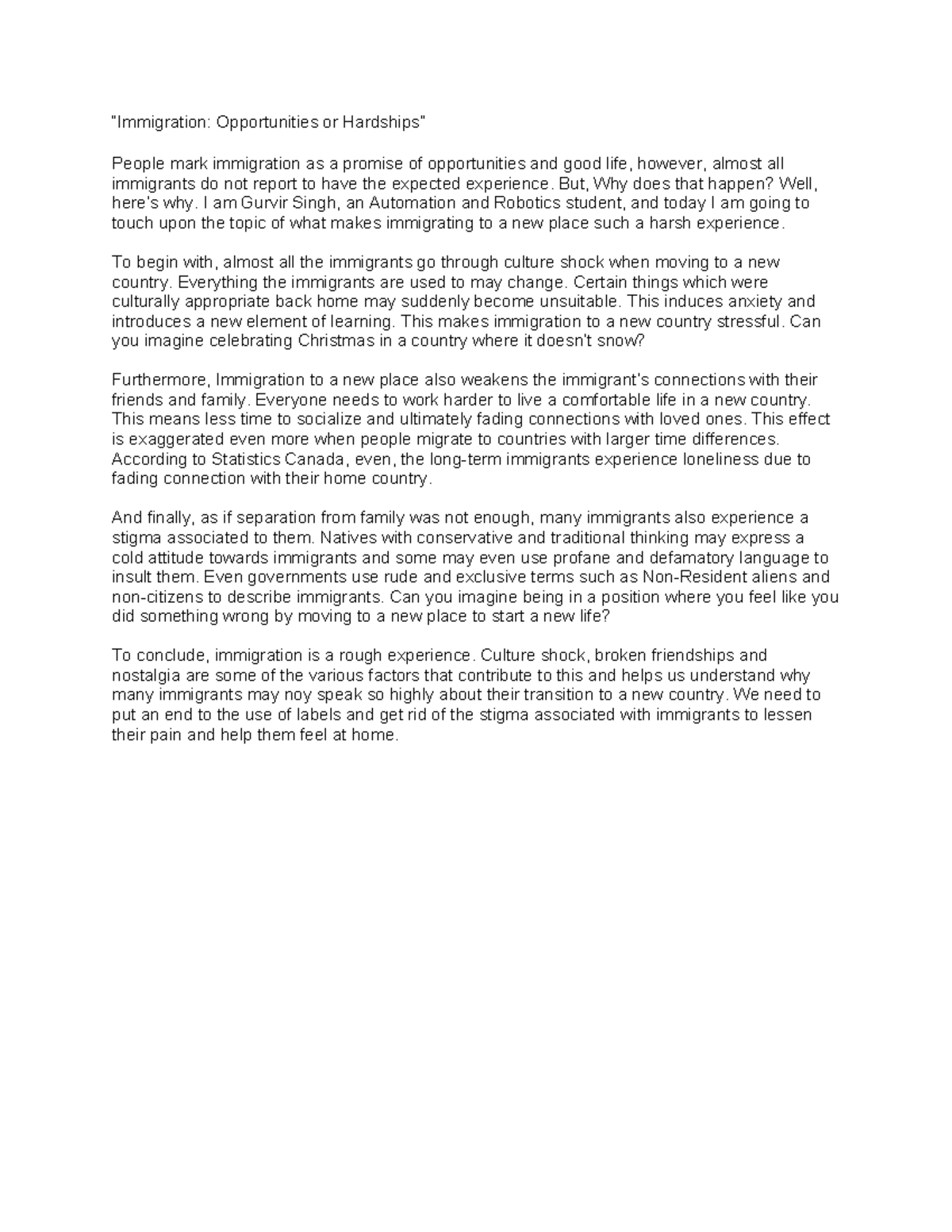 Public Communications Assignment Script - “Immigration: Opportunities ...