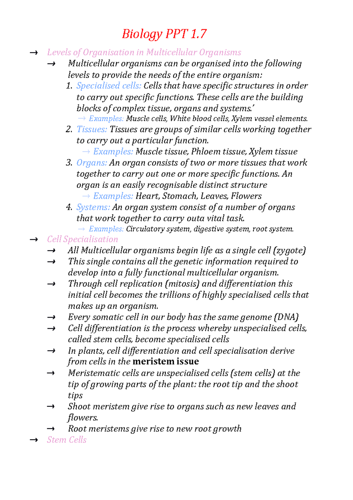 Biology PPT 7 summay notes - Biology PPT 1. Levels of Organisation in ...