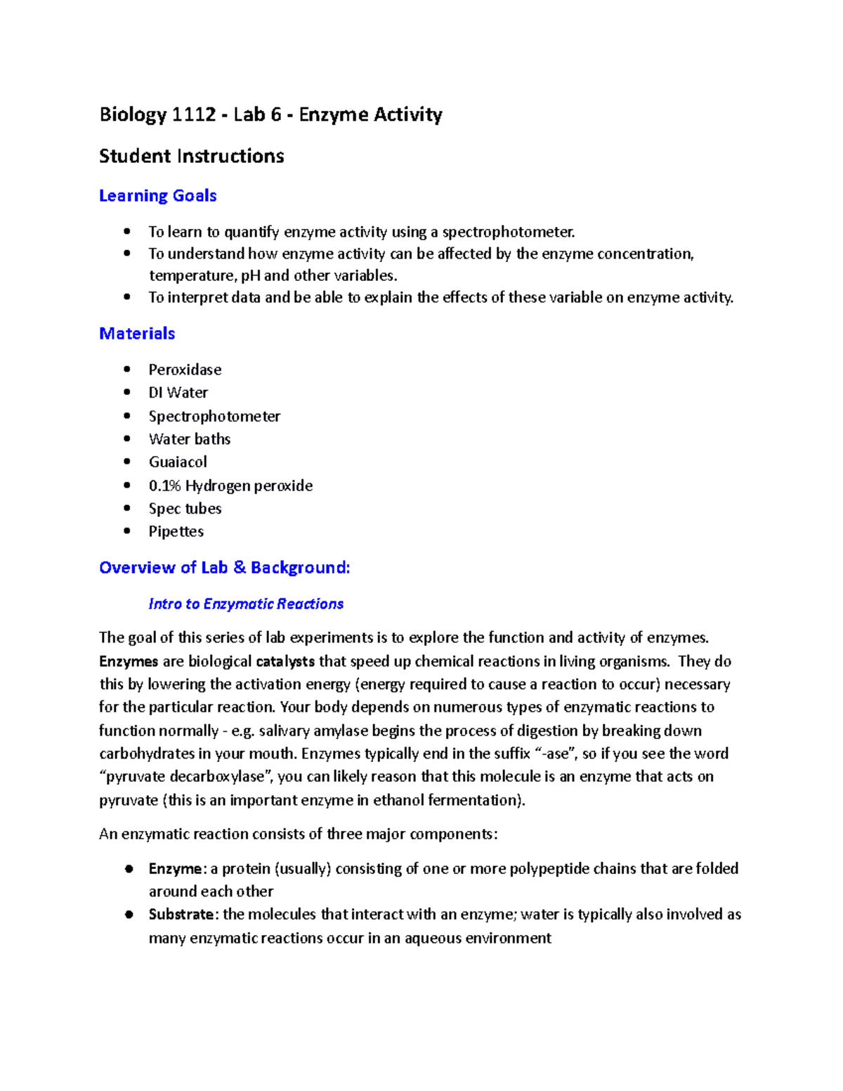 Lab 6 - Enzymes Student Instructions - Fall 2023 - Biology 1112 - Lab 6 ...