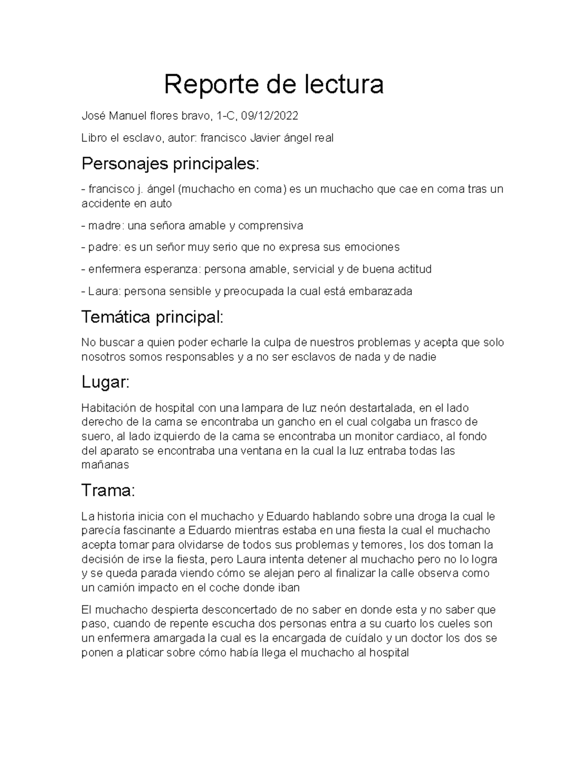 Reporte de lectura el esclavo - Reporte de lectura José Manuel flores ...