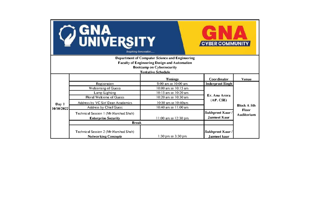 Day 1 Tentative Schedule - Department of Computer Science and ...