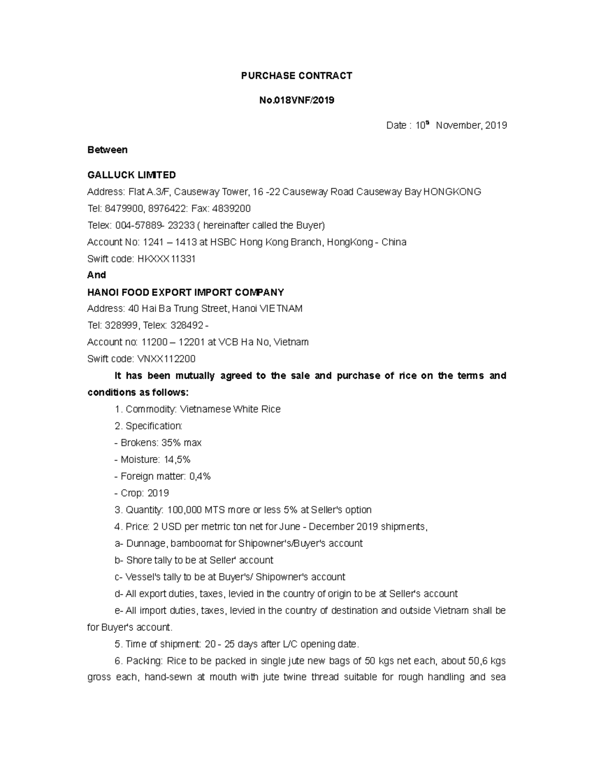 SALE CONTRACT 3 - PURCHASE CONTRACT No/ Date : 10th November, 2019 ...