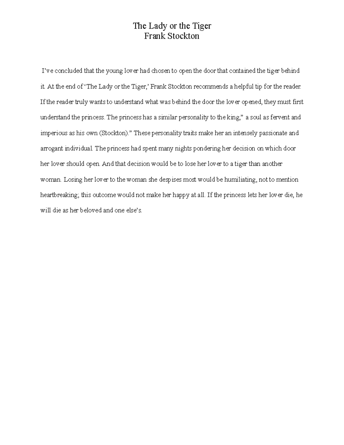 The Lady or the Tiger By Frank Stockton Homework - The Lady or the ...