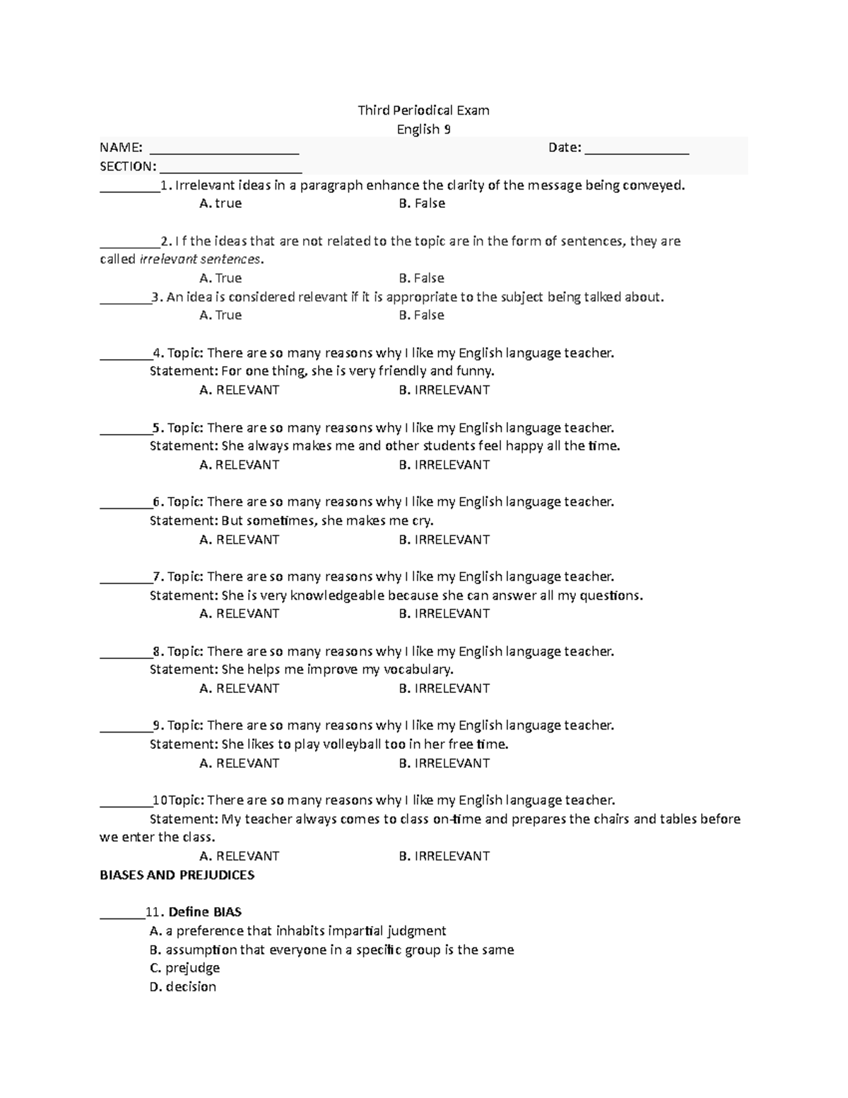 Third Periodical Exam 2022 English 9 - Third Periodical Exam English 9 NAME ...