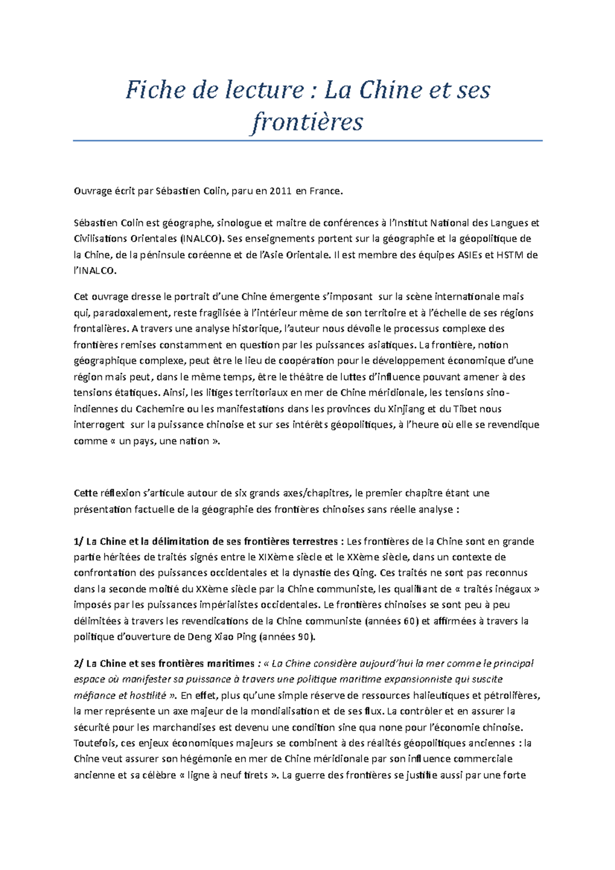 La Chine et ses fronti Ã¨res - Fiche de lecture : La Chine et ses ...