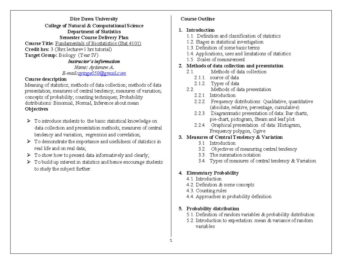 Cource outline - Dire Dawa University College of Natural ...