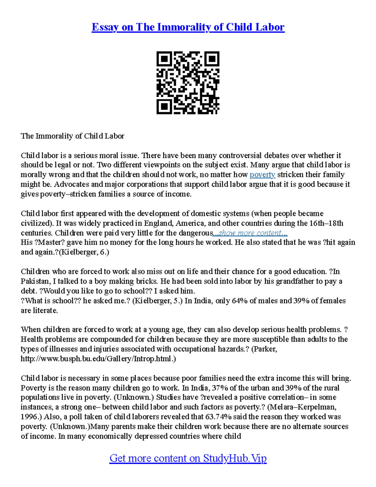 Essays On Child Labour - Essay on The Immorality of Child Labor The ...