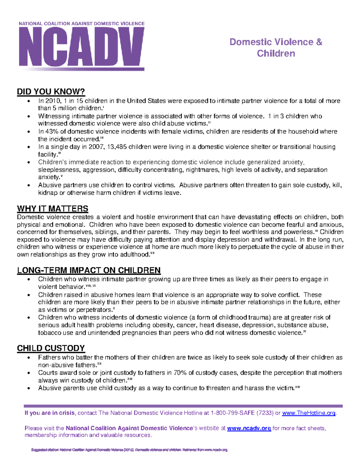 Children and dv - ……. - If you are in crisis, contact The National ...