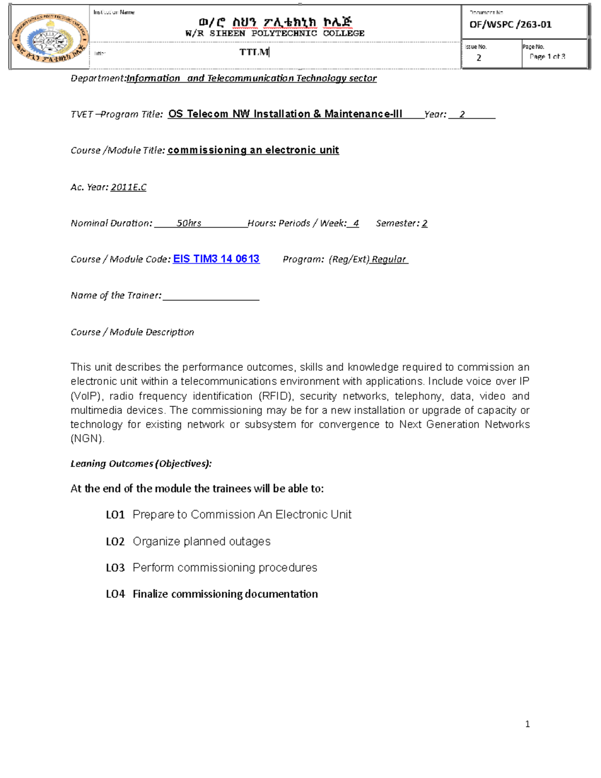 Commissioning Electronic Unit final - Department:Information and Telecommunication Technology ...