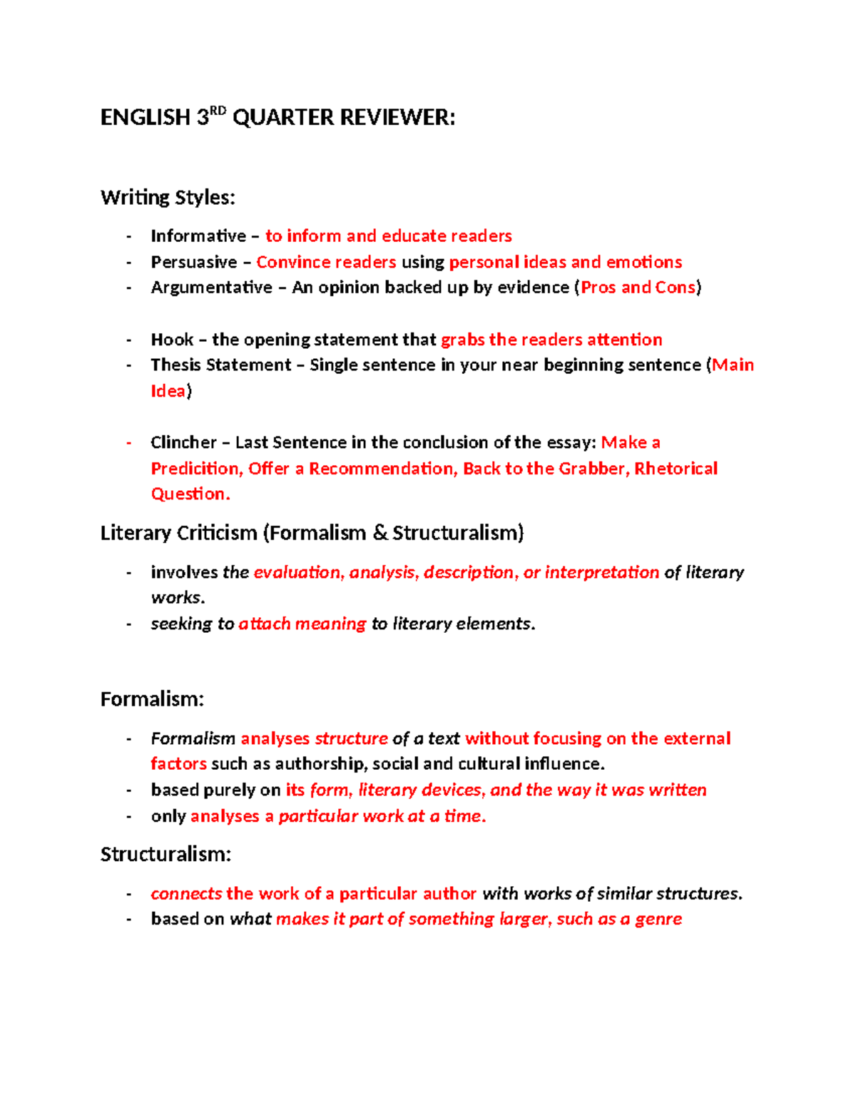 English 3RD Quarter Reviewer - ENGLISH 3 RD QUARTER REVIEWER: Writing ...