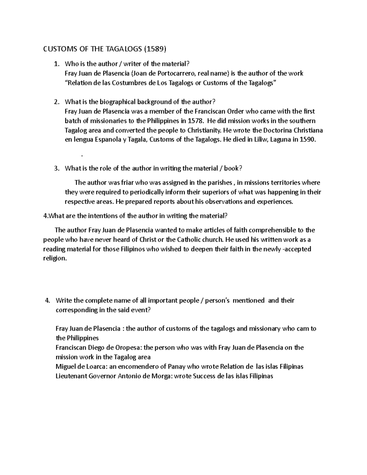 Customs of the Tagalogs - CUSTOMS OF THE TAGALOGS (1589) Who is the ...